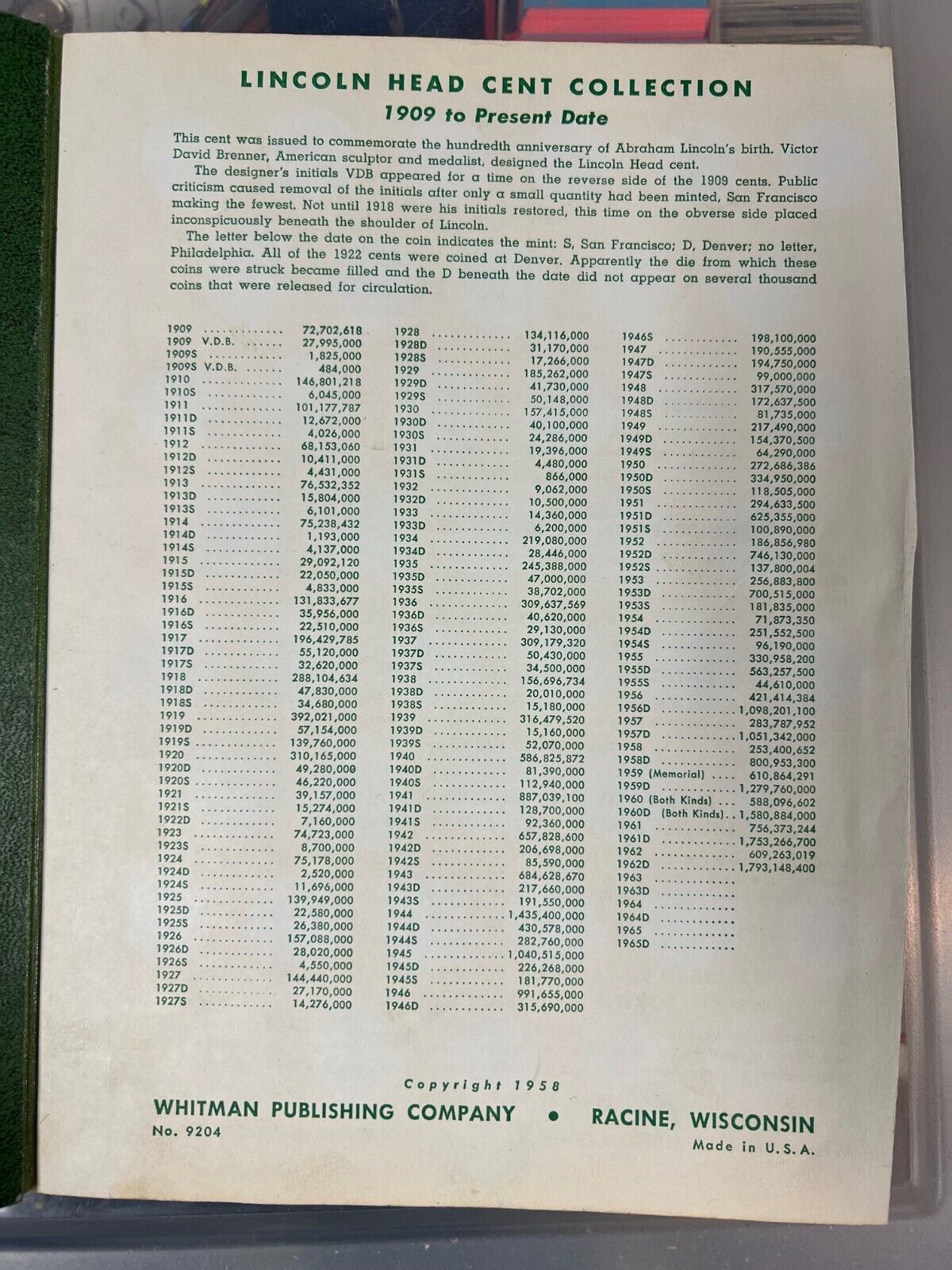 Lincoln Wheat Cent Collection Book 1909-1965 Small Cent Coins ...